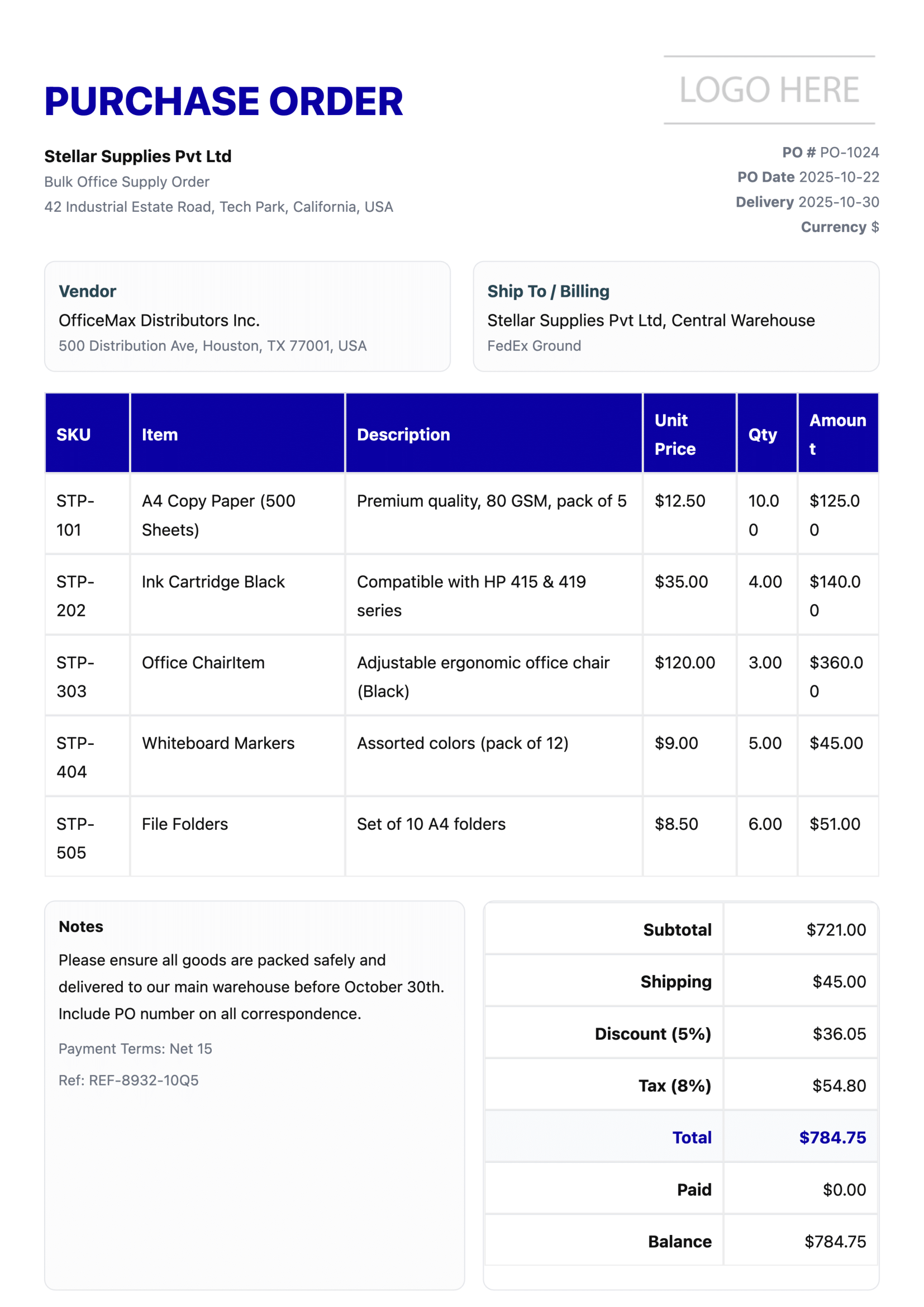 Free Purchase Order Generator | Create & Download PO Online